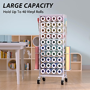 Mobile Vinyl Roll Holder Cart - 40 Compartments Vinyl Storage Organizer with 6 Hooks & Extra Vinyl Organizer Tray on 2 Side, Cricut Vinyl Storage Rack Gifts Wrapping Paper Holder for Home Craft Room