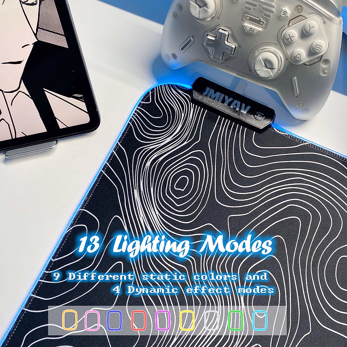 JMIYAV Topographic Gaming Mouse Pad RGB Mousepad Non-Slip Rubber Base Extra Large Cool XL XXL Computer Desk Pad Gaming Accessories LED Light Up Extended Big Mouse Pad for Gamer Black (31.5x12In)