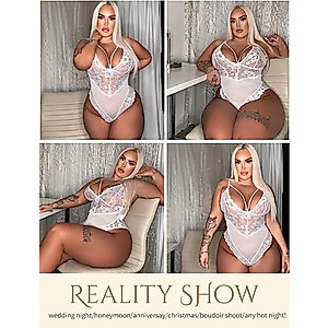 Avidlove Bridal Lingerie for Women Sexy Lingerie Floral Lace Teddy Strappy One Piece Snap Crotch Boudoir Lingerie(White,M)