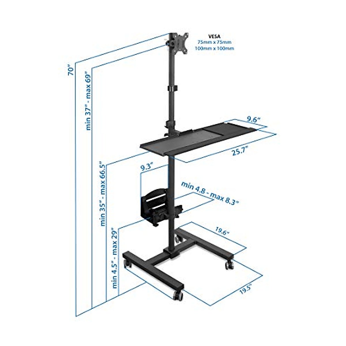 Mount-It! Rolling Computer Cart, Mobile Workstation with Tray Monitor Mount and CPU Holder, Height Adjustable and Mobile Stand for Office and Industrial Use