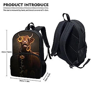 Drydeepin Cute Highland Cow Sunflower Print Children School Bag Casual Daypack Lightweight School Backpack for Teens Boys Girls Middle School Primary School Student Bookbag Travel Rucksack