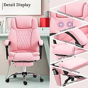 Belandi Massage Office Chair, Diamond-Stitched PU Leather Executive Office Chair High Back Massage Computer Desk Chair with Heated, Footrest, Padded Armrest, Adjustable Height (Pink)