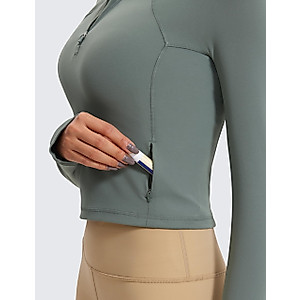 CRZ YOGA Women's Butterluxe Long Sleeve Workout Shirts Half Quarter Zip Sweatshirt Athletic Crop Tops Collared T-Shirts Grey Sage Large