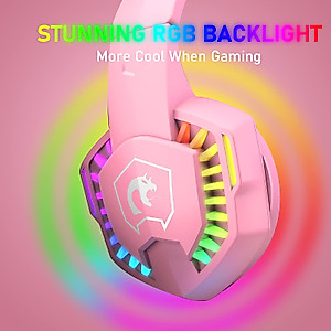 Wired Gaming Headset with Rainbow RGB Backlight Retractable Noise Isolating Microphone Stereo Sound Deep Bass Memory Foam Earmuff Over Ear Headphone for PS4 Xbox One Switch PC Mac Gamer Music (Pink)