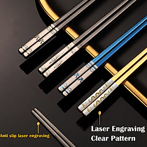 Portable Chopsticks with Pull Design Case, Reusable Metal Stainless Steel Chopstick with Titanium Plated for School, Home, Office, Outdoor, Bento Box Use, Dishwasher Safe (Black Phoenix)