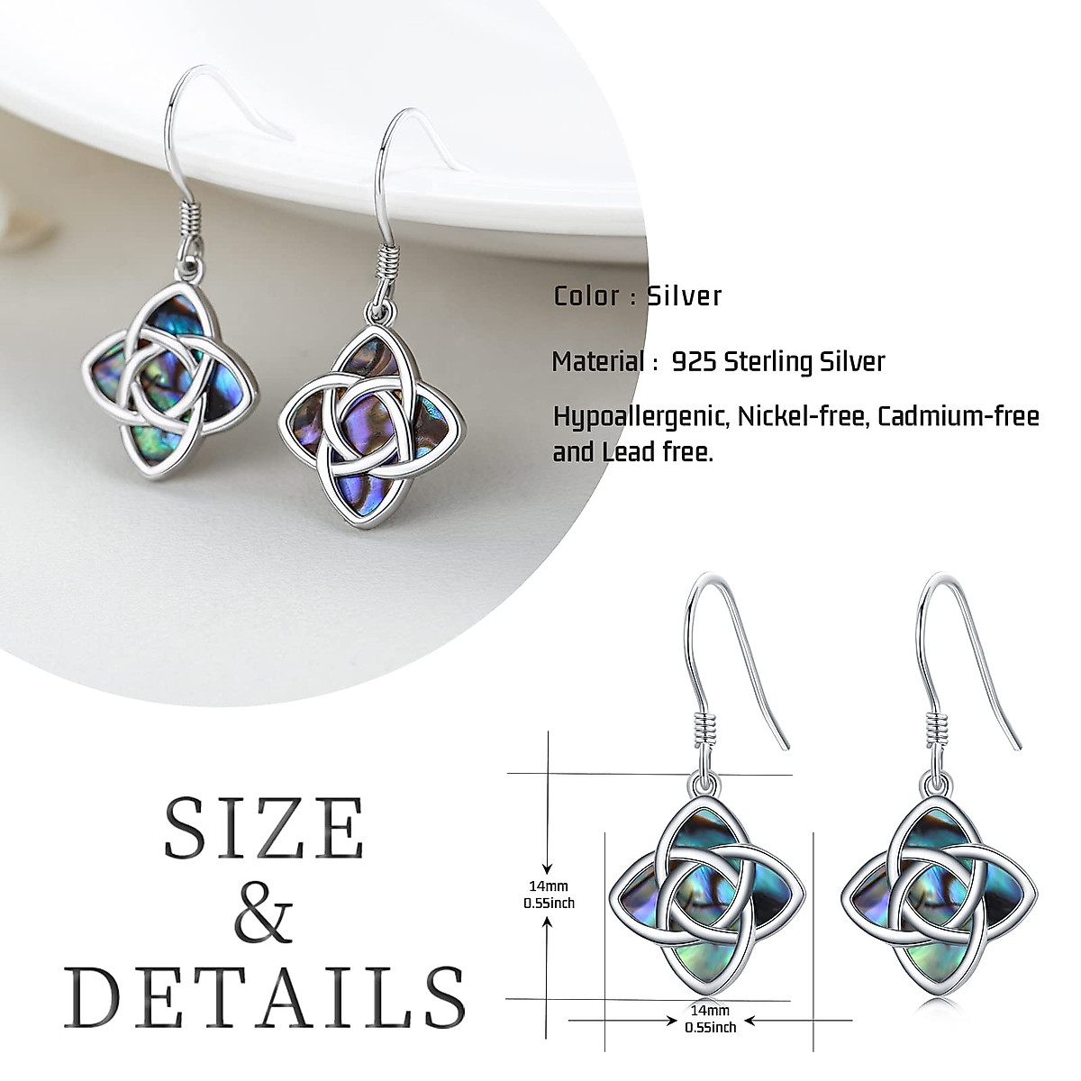Twoowl Abalone Celtic Witch Knot Earrings 925 Sterling Silver Celtic Dangle Drop Earrings Celtic Jewelry Irish Gift for Women Girlfriends Mom Wife