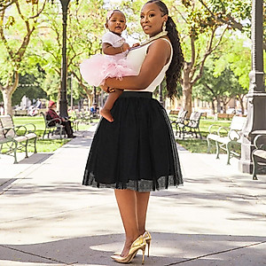 WEISIPU Women's 6 Layer Short A Line Elastic Waistband Tutu Tulle Prom Princess Midi Dance Skirt Black M