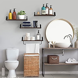 HOORMEEY Floating Shelves Set of 4, Rustic Wood Wall Shelves for Bedroom, Wall Mounted Bathroom Shelves with Towel Bar, Hanging Shelf for Living Room Kitchen Storage, Wall Decor