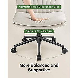 Marsail Armless-Office Desk Chair with Wheels: PU Leather Cross Legged Wide Chair,Comfortable Adjustable Swivel Computer Task Chairs for Home,Office,Make Up,Small Space,Bed Room(Light Beige)