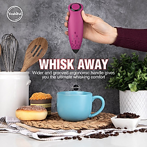 YOSHIFUL Milk Frother for Coffee with Deluxe Stand - Coffee Frother Handheld Foam Maker for Lattes - Turbine Whisk Drink Mixer Handheld - Frother Wand Stirrers Electric for Cappuccino, Matcha (Pink)