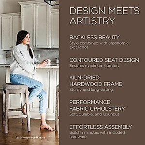 Maven Lane Adrien 31 Inch Bar Height Upholstered Backless Saddle Barstool in Dark Walnut Finish with Ash Grey Fabric Cushion Seat