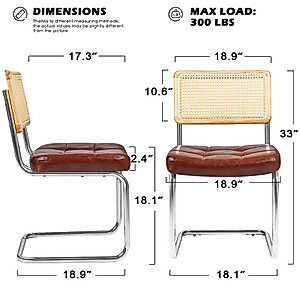 LEMBERI Mid-Century Modern Dining Chairs Set of 2, Upholstered Tufted Faux Leather Accent Chairs Rattan Dining Chair Armless Mesh Back with Metal Chrome Legs, Brown