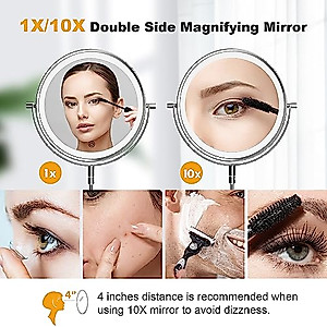 Rechargeable Wall Mounted Makeup Mirror - 8 Inch Double Sided 1X/10X Magnifying Mirror with 3 Color Lights Dimmable Touch Screen, 360°Swivel 19.6 Inch Extendable Mesh Bathroom Mirror - Chrome