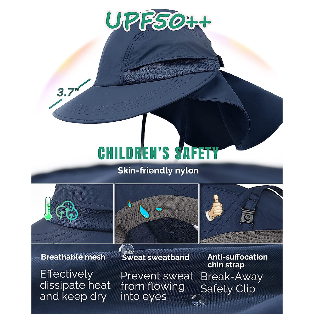 Camptrace Toddler Kids Sun Hats with Neck Flap UPF 50+ UV Protection Wide Rigid Brim Boys Girls Beach Swim Sunhat