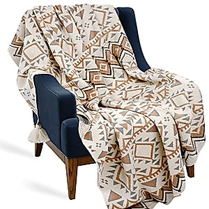 Knitted Throw Blanket for Couch with Tassels, Boho Style Throw for Home Decor, Small Cozy and Soft Blanket for Sofa or Outdoor, Navajo Farmhouse Blankets 50 x 60 Inches