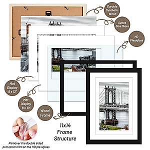 UHFWIFR 11x14 Picture Frames Solid Wood Display Pictures 9x12 or 8x10 with Mat or 11x14 Frame without Mat Poster Photo Frame Art with 2 Mats for Wall Mounting or Table Top(Black)