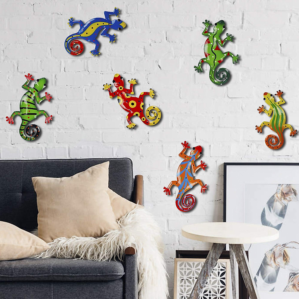 Ridota 6 Pack Metal Gecko Wall Decor, Metal Hanging Wall Art Sculpture for Indoor Outdoor Home Bedroom Living Room