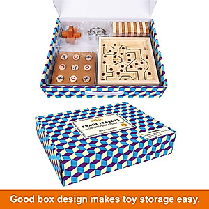 Offelec 5 in 1 Board Game with Wooden Brain Teaser Puzzles, Metal Brain Teaser Puzzles, Labyrinth, Wooden Stacking Tower, and Tic Tac Toe Toy Games, Board Games for Kid and Adults, Party Family Game