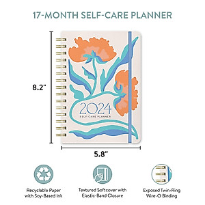 Orange Circle Studio 2024 Self Care Planner, Gratitude Journal, Spiral Notebook with Wellness Tracker, 17-Month Wire-O Bound Calendar Book, Monthly and Weekly Spread Views, Floral Flow