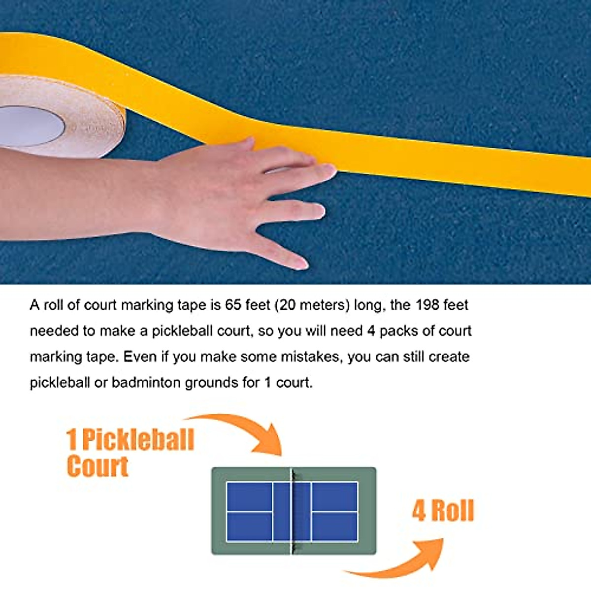HELOIA Pickleball Court Marking kit Anti Slip Tape for Asphalt or Concrete, for Tennis, Badminton, Gym Floor, Basketball or Pickleball Tape, 1.6 in x 65 ft - 4 PCS