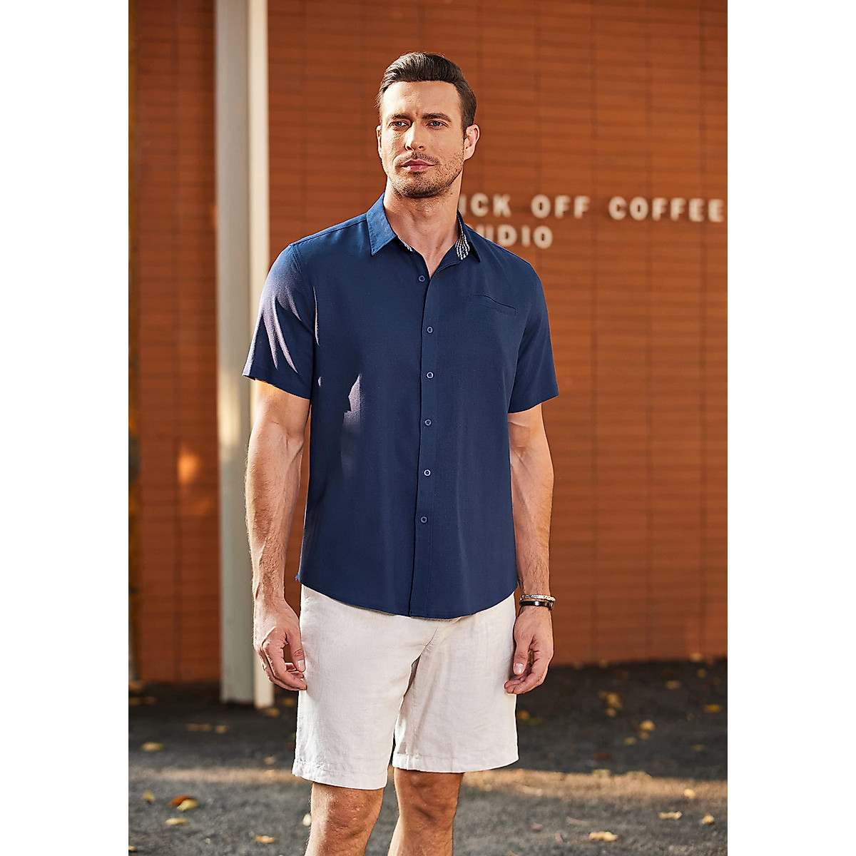 COOFANDY Mens Shirt Linen Casual Button Down Summer Beach Tops, Navy Blue, Large, Short Sleeve