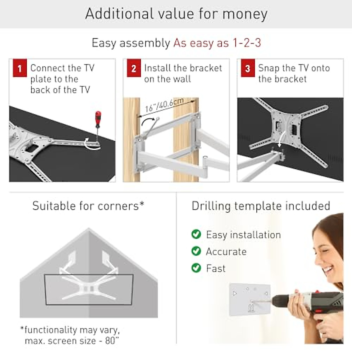 Barkan 40" Long White TV Wall Mount, 13 - 80 inch Dual Arm Full Motion Articulating - 4 Movement Flat / Curved Screen Bracket, Holds up to 110lbs, Extra Stable, Fits LED OLED LCD
