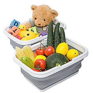 AUTODECO 2 Pack Collapsible Sink with Handle Towel, 2.37 Gal / 9L Foldable Wash Basin for Washing Dishes, Camping, Hiking and Home Gray