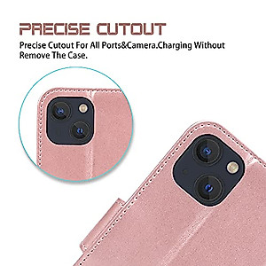 Arae Compatible with iPhone 13 Case[ Not for iPhone 13 Pro] with Card Holder and Wrist Strape Wallet Flip Cover for iPhone 13 6.1 inch-Rose Gold