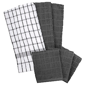 Ritz Premium Kitchen Towel and Dish Cloth Value Set: Highly Absorbent, Super Soft, Long-Lasting, 100% Cotton Checked and Solid Hand Towels, Tea Towels, Bar Towels - 6 Pack, Graphite