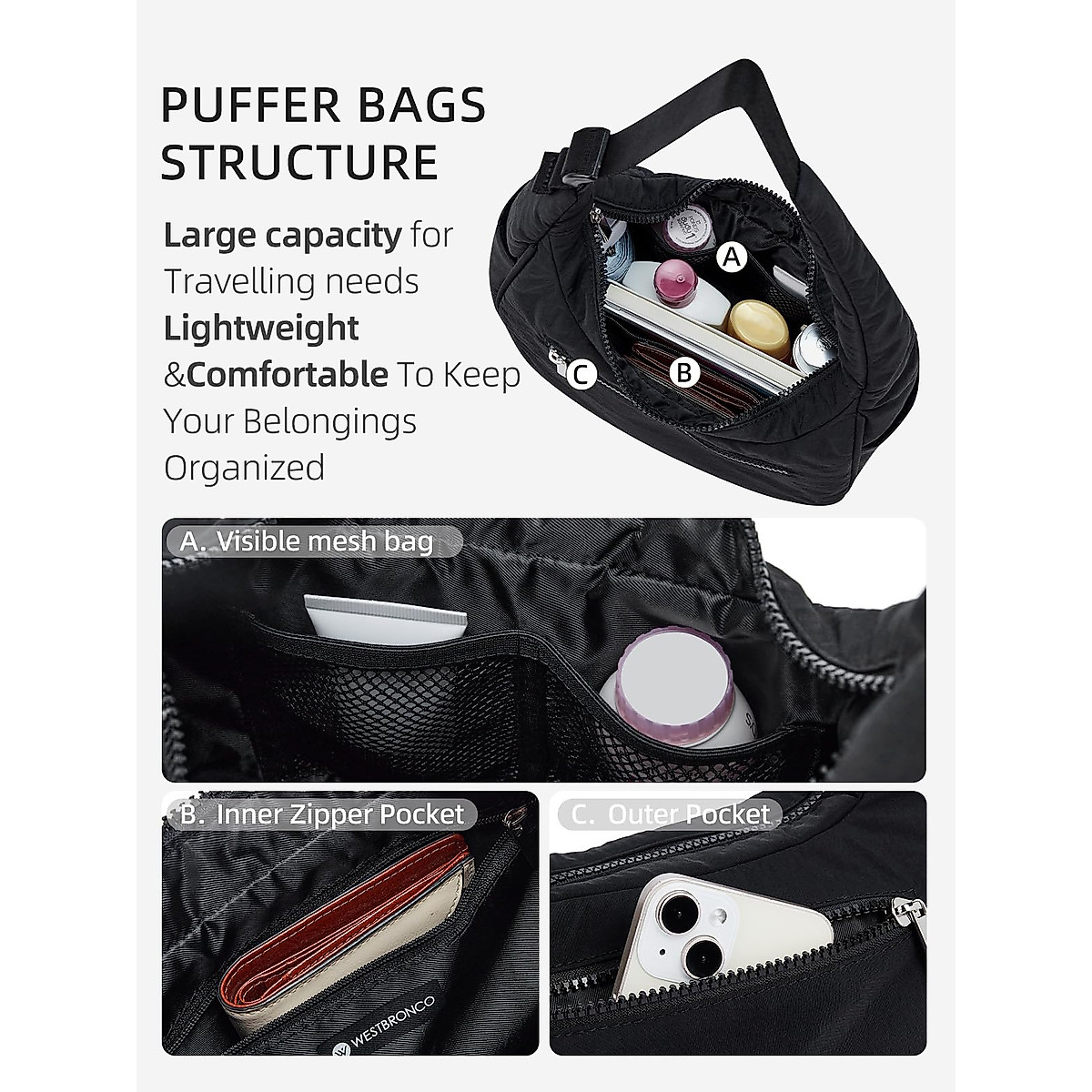 WESTBRONCO Small Puffer Crescent Shoulder Bag for Women, Nylon Quilted Shoulder Purses, Puffy Handbags with Adjustable Strap