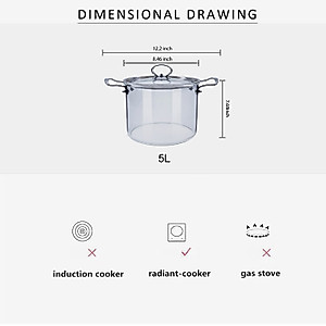 Saucepan with Lid, Glass Pot Stovetop 5L Heat Resistant ABHOME Stainless Steel Double Handles Clear Glassware for Cooking Milk, Pasta & Baby Food (5 Liter)