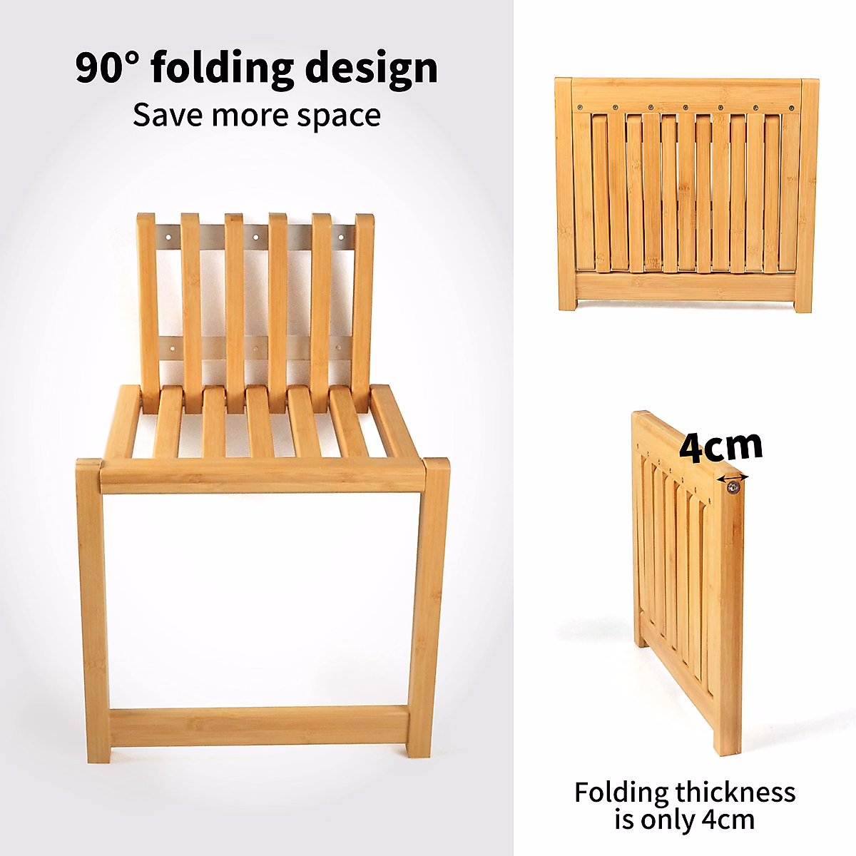 DOORTIAN Wall Mounted Folding Chair Solid Bamboo Porch Chair Door Shoe Cabinet Hidden Footstool Folding Bathroom Balcony Living Stool
