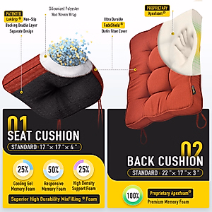 SUNROX Memory Foam Non Slip Rocking Chair Cushion, FadeShield Water Resistant Thicken Durable Tufted Pads, Set of Seat & Back Cushion with Ties for Indoor/Outdoor Rocker, 2 Piece, Burgundy
