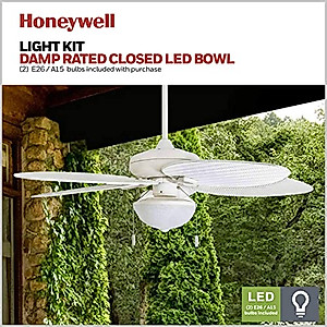 Honeywell Ceiling Fans Inland Breeze, 52 Inch Tropical Indoor Outdoor Ceiling Fan with Light, Pull Chain, Three Mount Options, Weather Resistant Blades - 50511-01 (White)