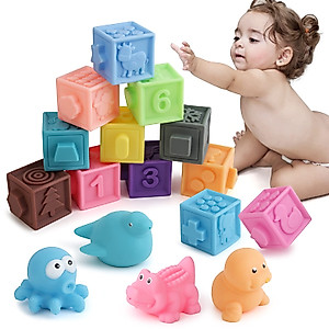 Yutin Soft Blocks for Babies, 16PCS Baby Stacking Building Block for Boys Girls, Squeezing Toy Christmas Easter Gift for Infants Toddlers 6 to 12 Months and Up