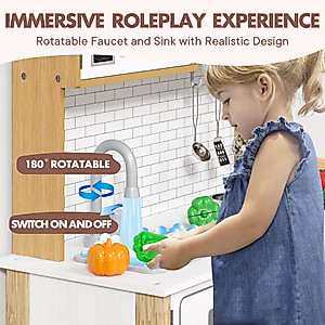 TINYSURE Play Kitchen Set for Kids - Sound and Light Effect Wooden Toy Kitchen Playset with 19 Pcs Toy Food and Cookware Accessories, and Abundant Fun Play Features for Toddlers, Girls, Boys