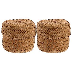 Ciieeo 2Pcs Small Wicker Basket with Lid Round Seagrass Storage Basket Handmade Woven Flower Basket Mini Packing Box for Home Shelf Decor Wood Color