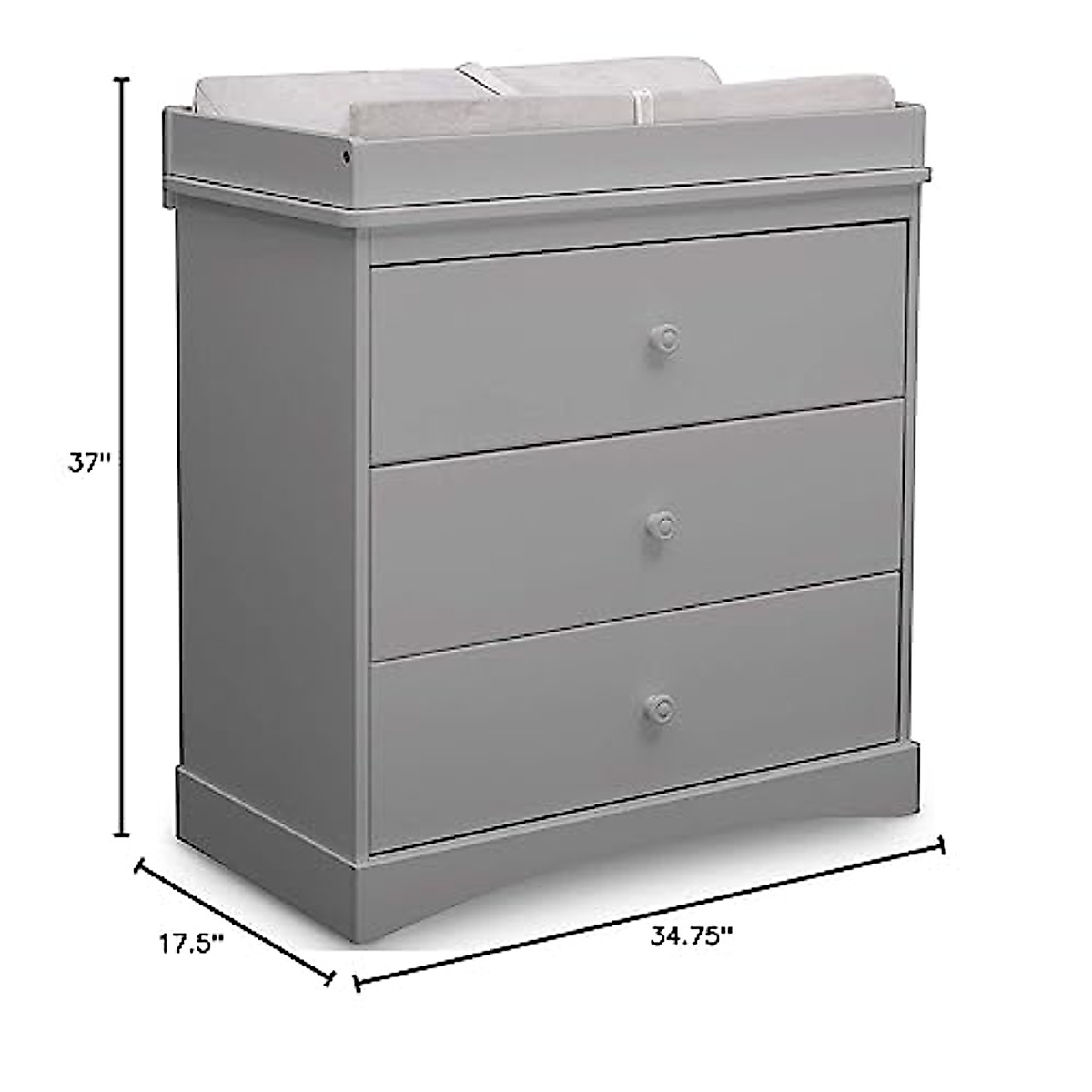 Delta Children Sutton 3 Drawer Dresser with Changing Top, Grey and Contoured Changing Pad, White