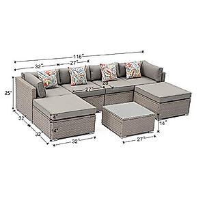 COSIEST 7-Piece Outdoor Furniture Warm Gray Wicker Family Sectional Sofa w Thick Cushions, Glass Top Coffee Table, 2 Ottomans, 4 Floral Fantasy Pillows for Garden, Pool, Backyard