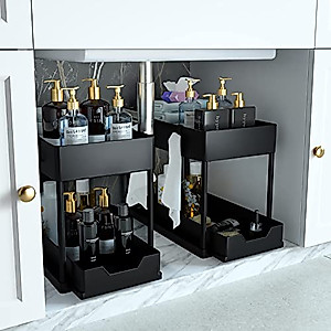 Sifxouped Under Sink Organizers and Storage, Two Tier Pull Out Cabinet Organizer with Hooks, 2 Pcs Under Sink Cabinet Basket with Sliding Drawers, Kitchen Bathroom, Black