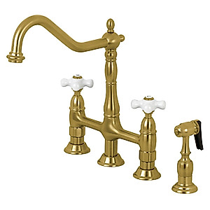 Kingston Brass KS1277PXBS Heritage 8-Inch Center Kit Bridge Faucet with Brass Sprayer, Brushed Brass