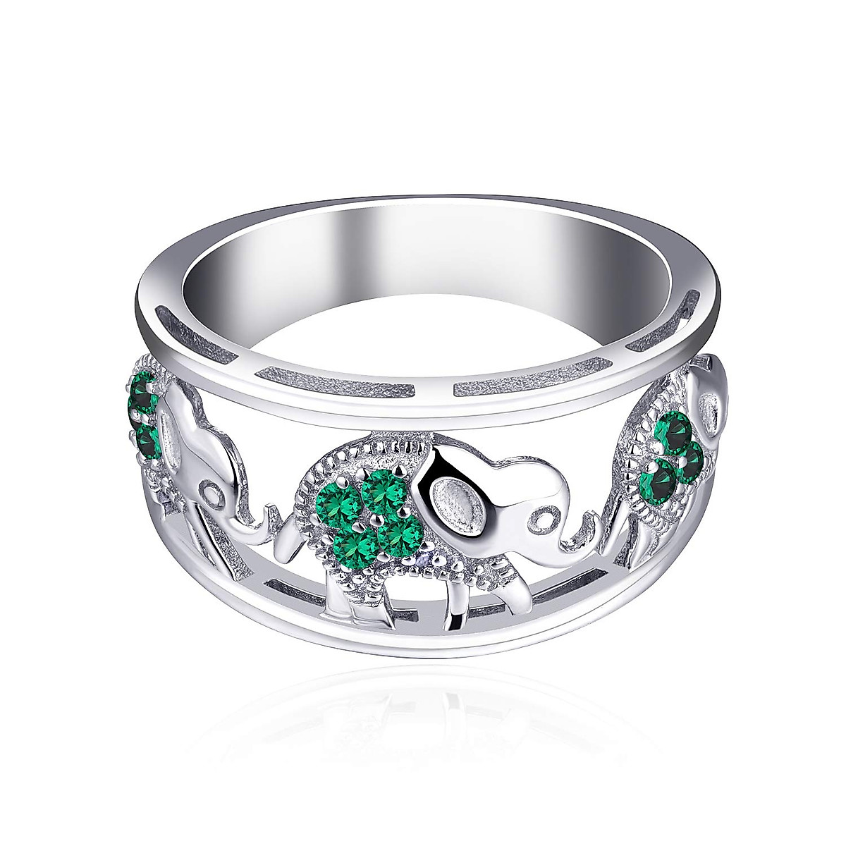 JO WISDOM 925 Sterling Silver Cubic Zirconia Elephant Ring Animal Rings,May Birthstone Emerald Color Jewelry Rings for Women size 7