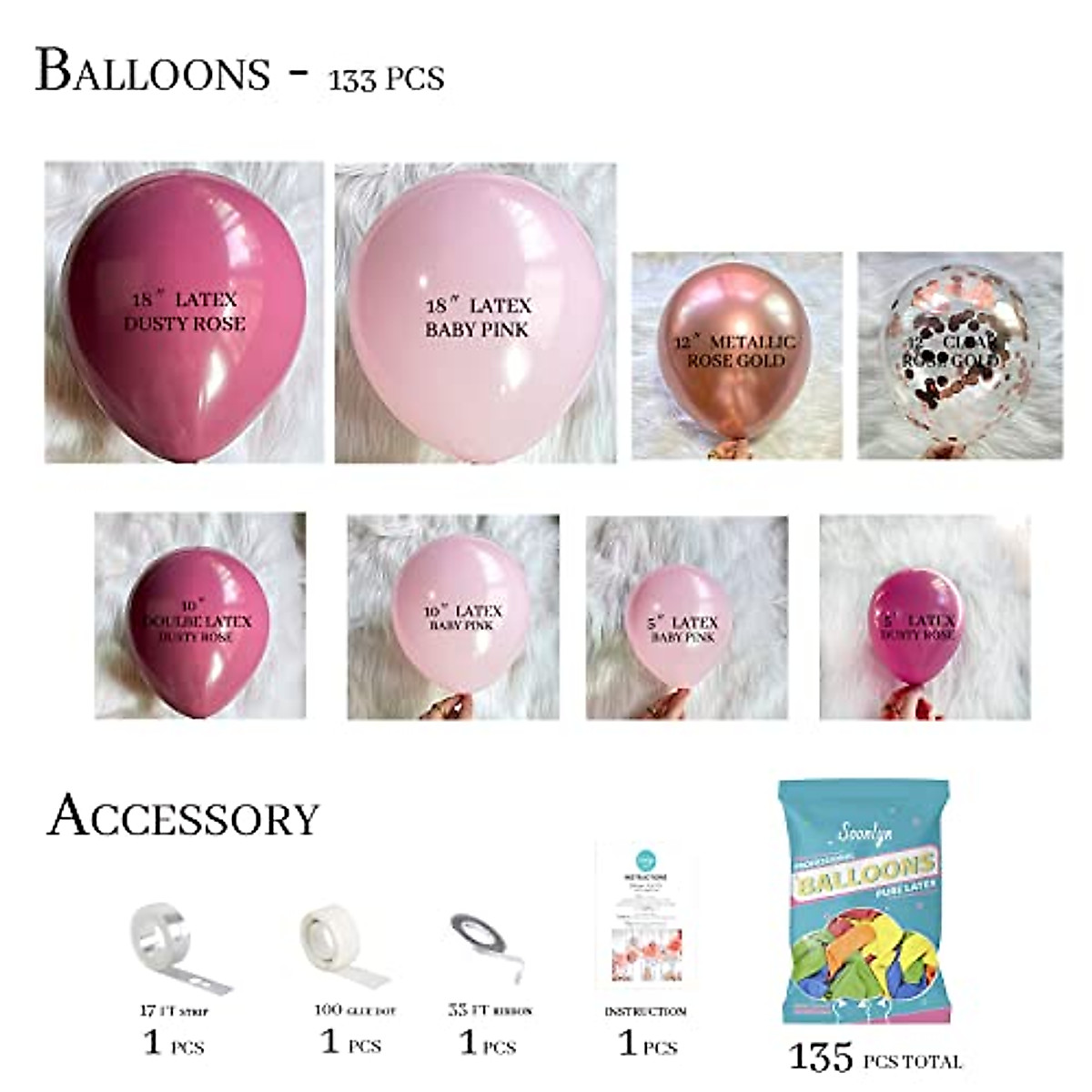 Soonlyn Pink Balloons Garland 135 Pcs Double Stuffed Balloons, Dusty Rose Gold Metallic Confetti Latex Balloons Arch Kit for Baby Shower Decorations for Girl Birthday Party, Bridal Shower, Wedding