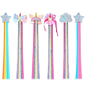 Little World Hair Clips for Girls, 6 Pcs Rainbow Hair Extensions, Unicorn Hair Clips for Girls Toddler Kids Ponytails, Hand-made Cute Glitter Hair Accessories