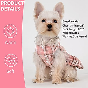 Winter Dog Dress for Small Dogs Girl, Pink Plaid Dog Dresses Winter Warm Fleece Lining Female Small Dog Clothes, Pet Outfits Coat, Cat Apparel for Holiday,Christmas,Small,Yikeyo