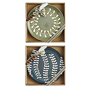 Mud Pie Painted Leaf Cheese Set, Green, plate 8 1/2" dia | spreader 6"