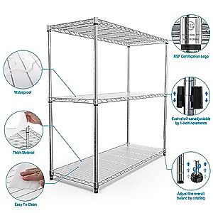 3 Tier NSF Wire Shelf Shelving Unit, 18 x 48 x 48 Inch 1050lbs Capacity Heavy Duty Adjustable Storage Metal Rack with Leveling Feet & Shelf Liners, Ideal for Garage, Kitchen, Office and More - Chrome