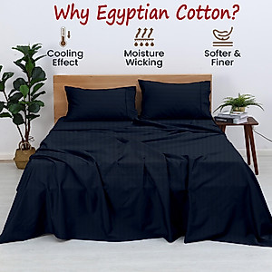 400 Thread Count 100% Egyptian Cotton Sheet Set - Olympic Queen Size Sheets Set - 12 inch Deep Pocket of Fitted Sheet - 4 Piece Sheet Set (Navy Blue Stripe - Olympic Queen 12 inch Deep Pocket Sheets)