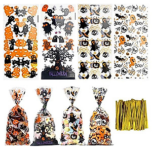 VARACL 100 Pieces Halloween Cellophane Bags, Halloween Clear Plastic Treat Bags Candy Cookies Goody Bags with Twist Ties for Halloween Party Favor Supplies