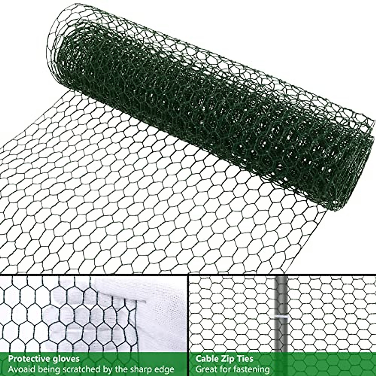 Aboofx Green Chicken Wire Netting, 118 x 15.7 in Chicken Wire for Foral Arrangements, Garden Poultry Chicken Wire Mesh, Hexagonal PVC Coated Galvanized Iron Wire, with 50 Zip Ties and 1 Pair of Glove